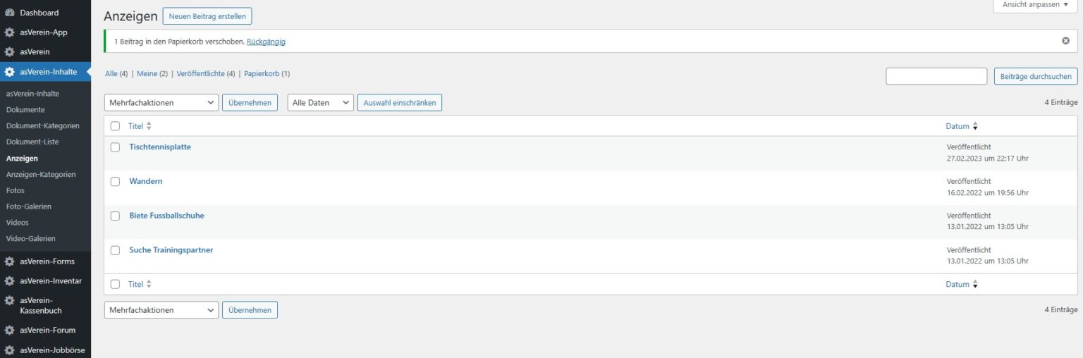 Dokumentation: Anzeigen bearbeiten im Admin